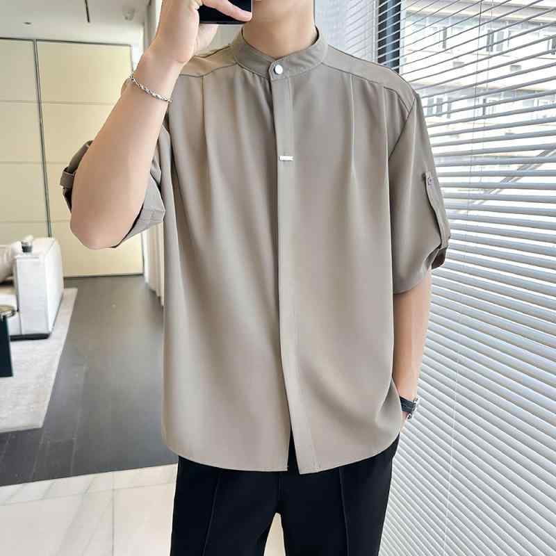 シャツ 男性用 ルーズフィット トップス 無地 五分袖 立襟 薄手 普段使い