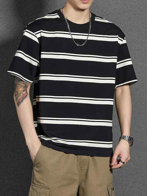 Tシャツ 男性用 レトロ アメリカン ボーダー クルーネック 半袖 Tシャツ カジュアル 普段使い カットソー トップス