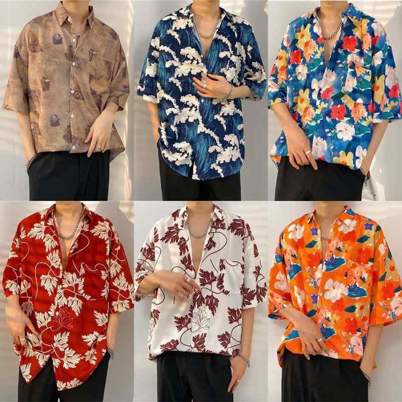 シャツ 男性用 半袖 レトロ アロハ ハワイアン デザイン ゆるい ビッグシルエット トップス