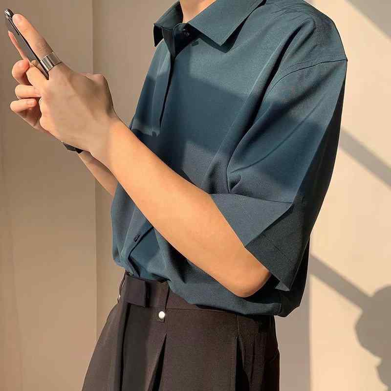 シャツ 男性用 薄手 半袖 DK制服風 ゆったり カジュアル 五分袖 白シャツ 接触冷感 墨緑・スタイル: 韓国版・款式: カーディガン・版型: ゆったり型・领型: レギュラーカラー・袖丈: 五分袖・柄: 無地・・款式 детали: ステ...