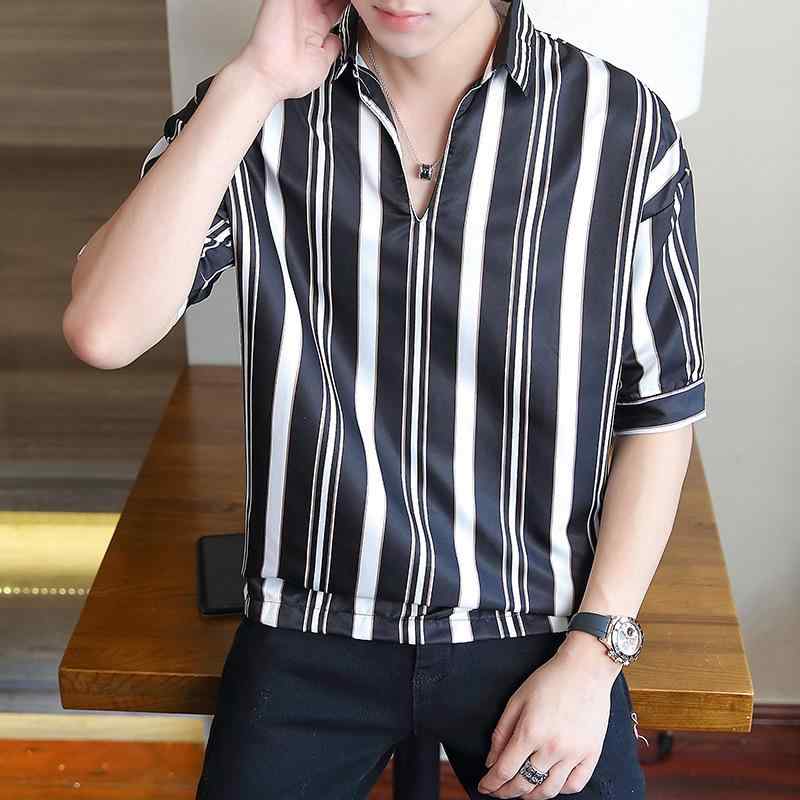 シャツ メンズ 7分袖 半袖 切り替え トップス 日本向け カジュアルスタイル サマー・素材: 綿類混紡・材质功能: 可機洗・风格: カジュアル・款式: プルオーバー・版型: スリム・领型: 襟付き・袖丈: 五分袖/半袖・图案: ストライプ...