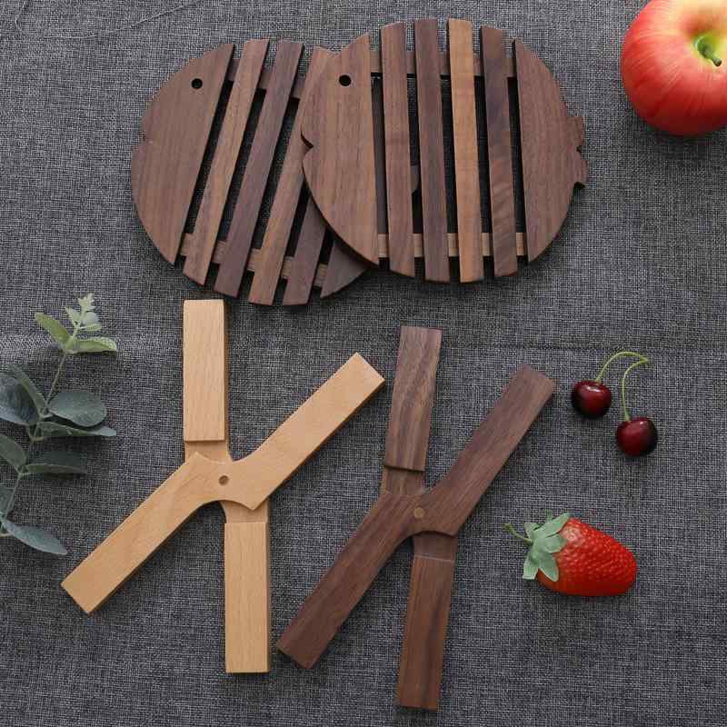 鍋敷き 黒胡桃木 X型 木製 イージーケア 収納可能 断熱マット テーブルマット