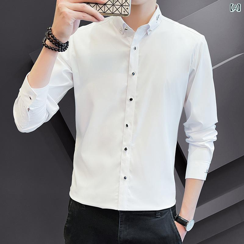 シャツ メンズ 男性用 長袖 トップス 春夏 接触冷感 伸縮性 無地 スリム カジュアル