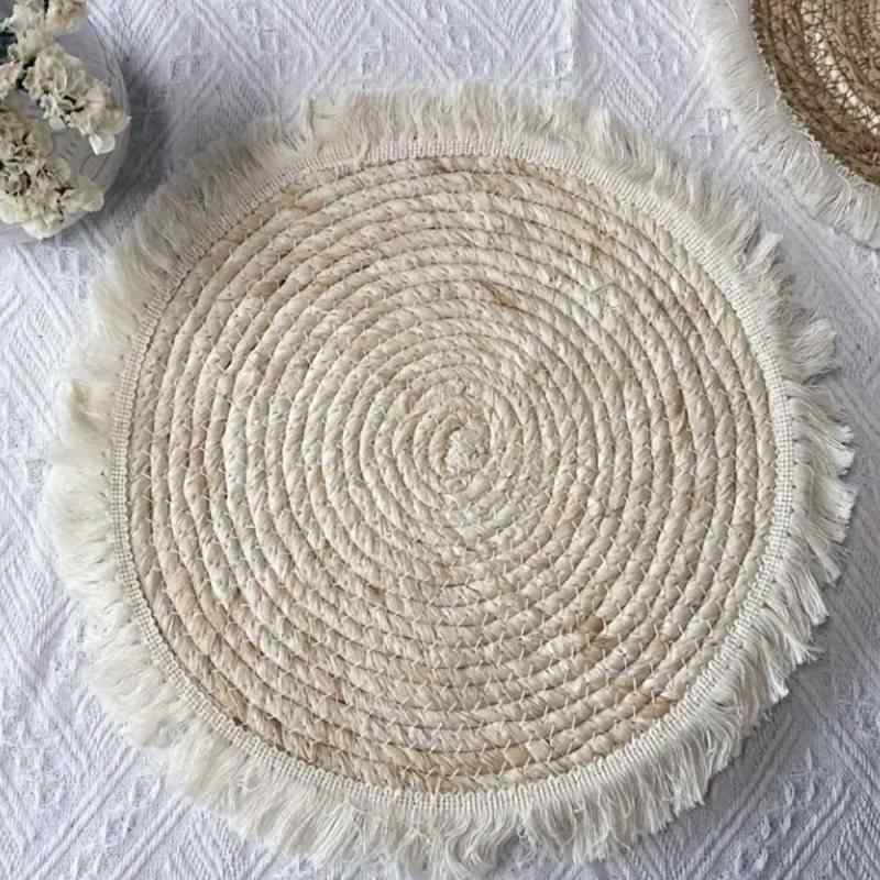 ランチョンマット 手編み コースター 断熱マット とうもろこし皮 フリンジ付き 鍋敷き