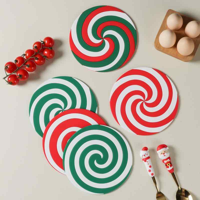 鍋敷き シリコン クリスマス 棒付きキャンディ柄 断熱 耐熱 ボウル 皿 パッド かわいい キュート