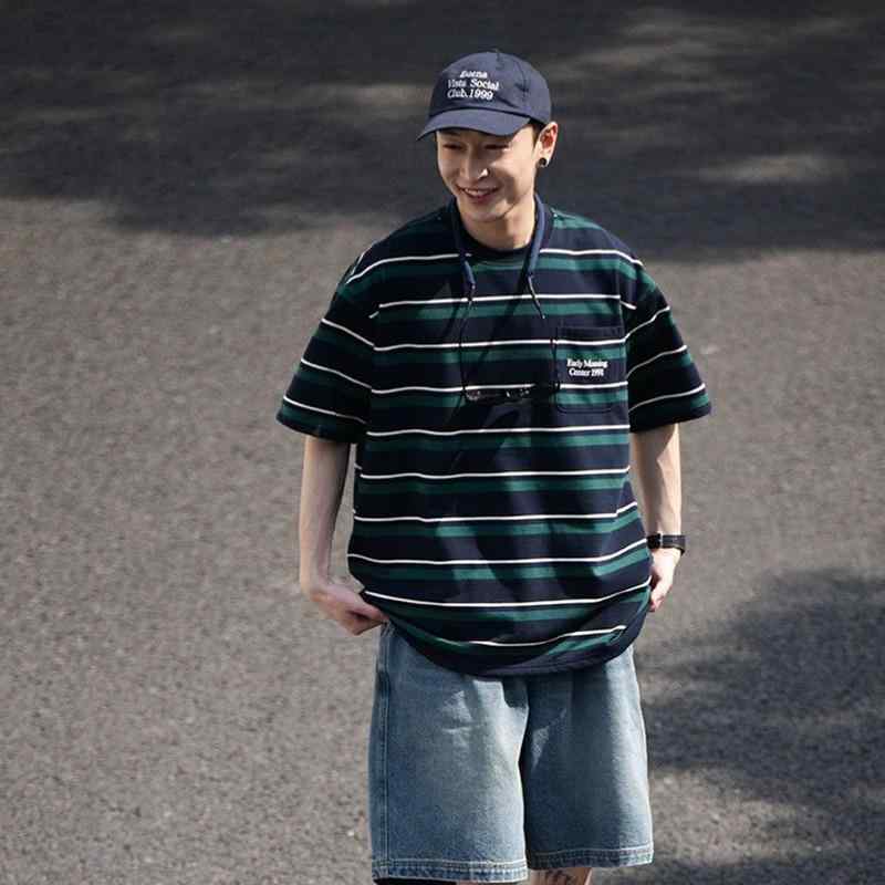 Tシャツ メンズ 半袖 レトロ ストライプ柄 ルーズフィット カットソー トップス 百搭 春夏