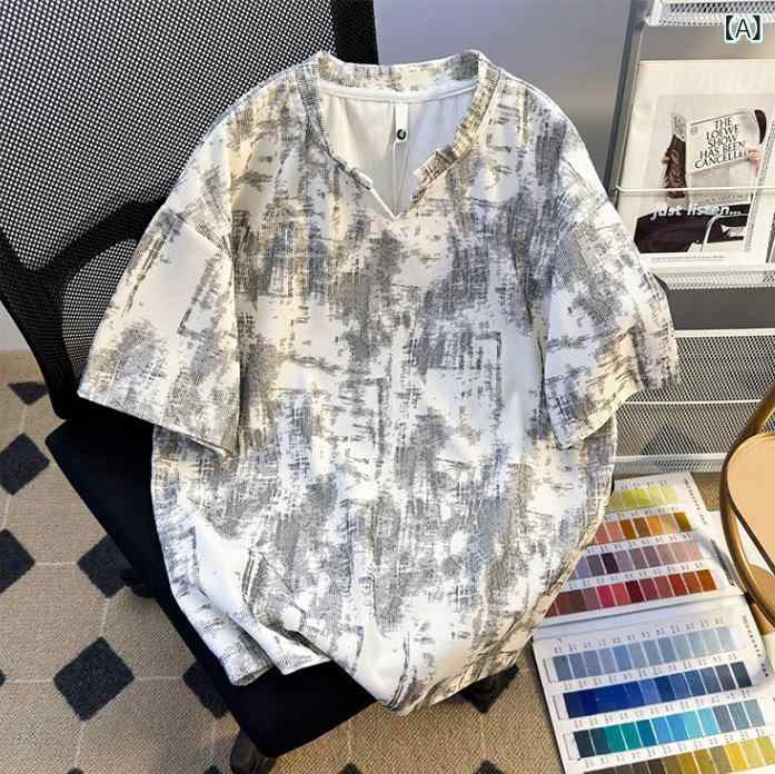 Tシャツ 男性用 半袖 Vネック レトロ 絞り染め 高見え ストリート系 普段使い ゆったり トップス[ "・スタイル: 韩版", "・图案: 纯色", "・版型: 宽松型", &...