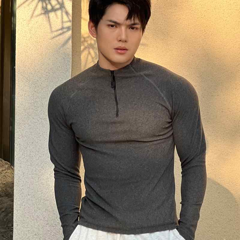 Tシャツ 男性用 秋冬 運動着 ハーフハイネック プルオーバー トップス ストレッチ あったか インナー 長袖