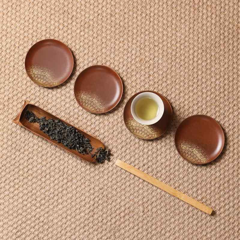 2茶托 コースター 紫銅 銅彩焼 丸形 正方形 茶道 茶道具 絶縁 断熱