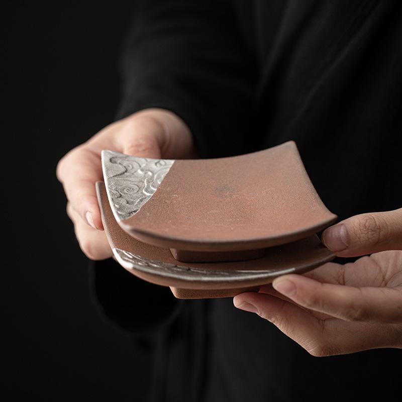 茶托 瓦片 コースター 手作り ティーマット 湯呑み用 急須用 茶道具 卓上用品 断熱 滑り止め 高足 壺承 窯変 老岩泥