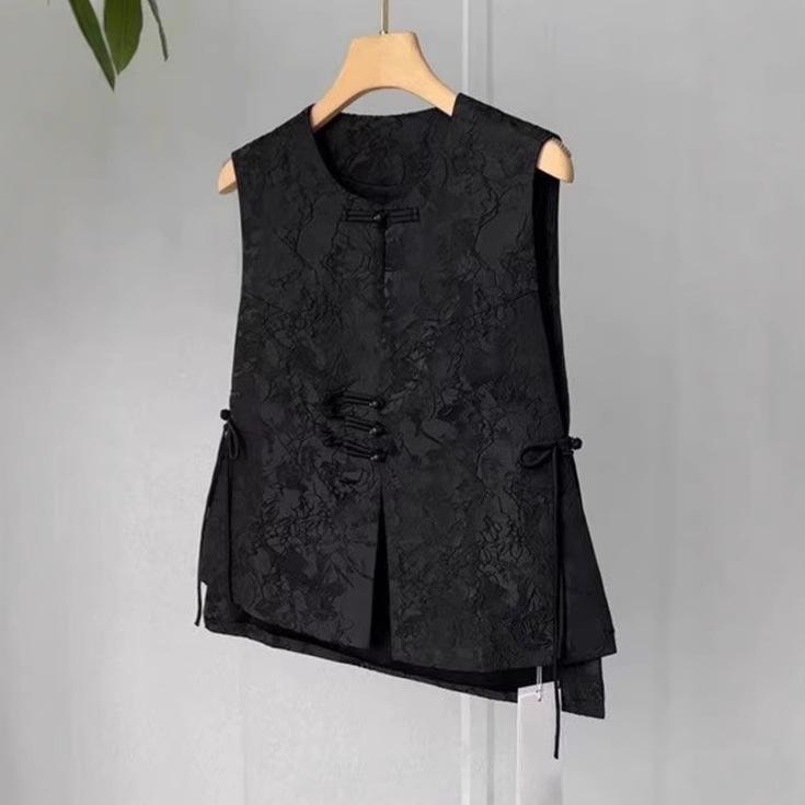ベスト レディース 提花 夏服 チャイナ風 背心 新中式 盤扣 ラウンドネック チョッキ 馬褂 トップス 豪華感 レトロ ブラック