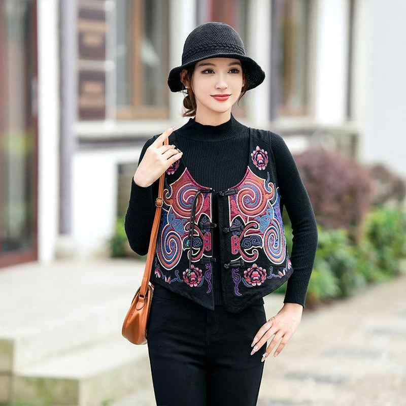 ベスト レディース レトロ エスニック ノースリーブ 重ね着 刺繍 手作り ボタン チャイナ風 チョッキ トップス 秋冬・款式: 开衫・衣长: 普通款(50cm<衣长≤65cm)・领型: U字领・图案: 植物花卉・流行元素: 勾花・面...