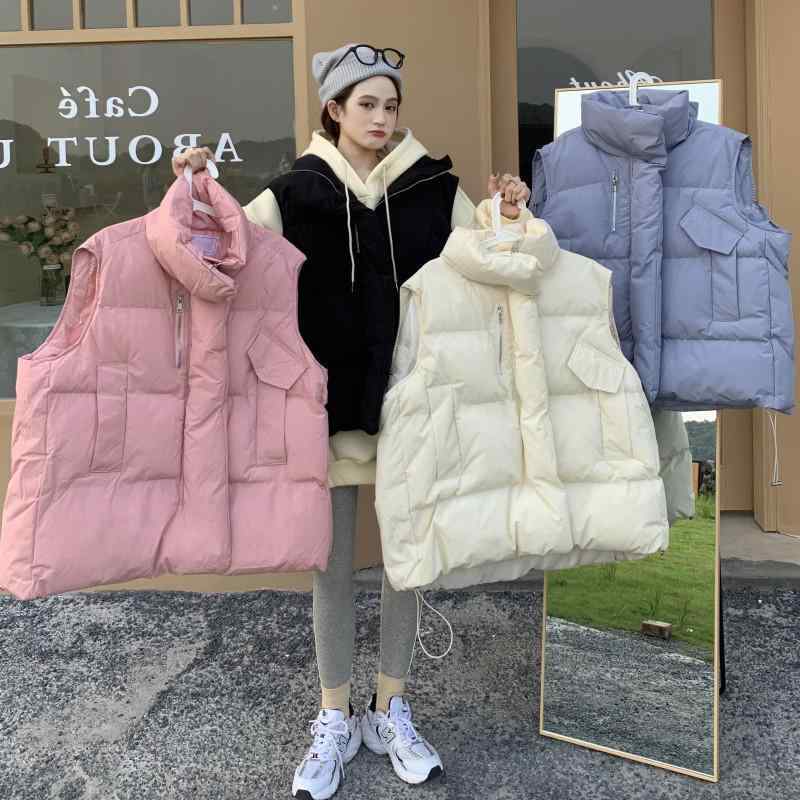 ベスト レディース 秋冬 韓国 ゆったり コットン 中綿入り チョッキ インナー トップス あったか 防寒着 アウター 重ね着 かわいい カジュアル スタイル[ "・款式: 立体装饰", "・领型: POLO领...