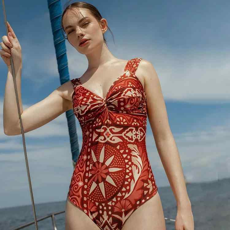 水着 レディース レトロ風プリント ワンピース 巻きスカート セットアップ 体型カバー スイムウェア リゾート 海水浴 ビーチ プール[ "・款式: 連体泳衣", "・适用性别: 女", "...