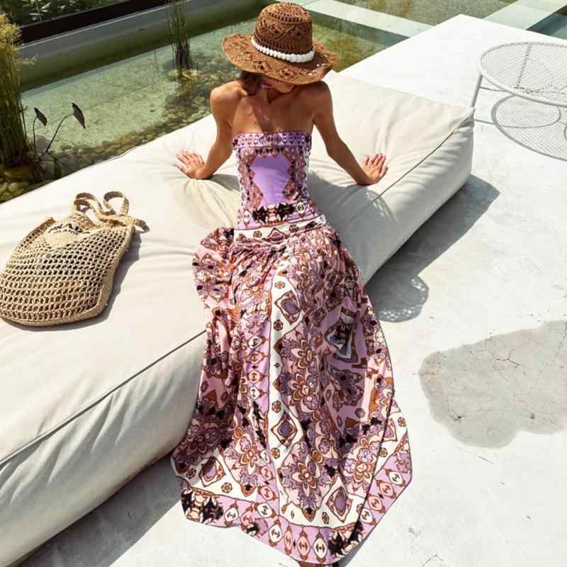 2水着 レディース ワンピース パープル 紫色 プリント柄 リゾート 体系カバー ホルターネック 春夏