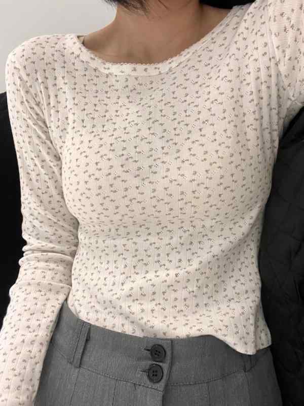 Tシャツ レディース 春 長袖 華奢見え ワッフル地 フラワープリント トップス カットソー スリムフィット インナー 普段使い かわいい・主な素材: 綿・柄: 印花・スタイル: 套头・袖丈: 半袖・カラー展開: レッド, ブルー・サイズ:...