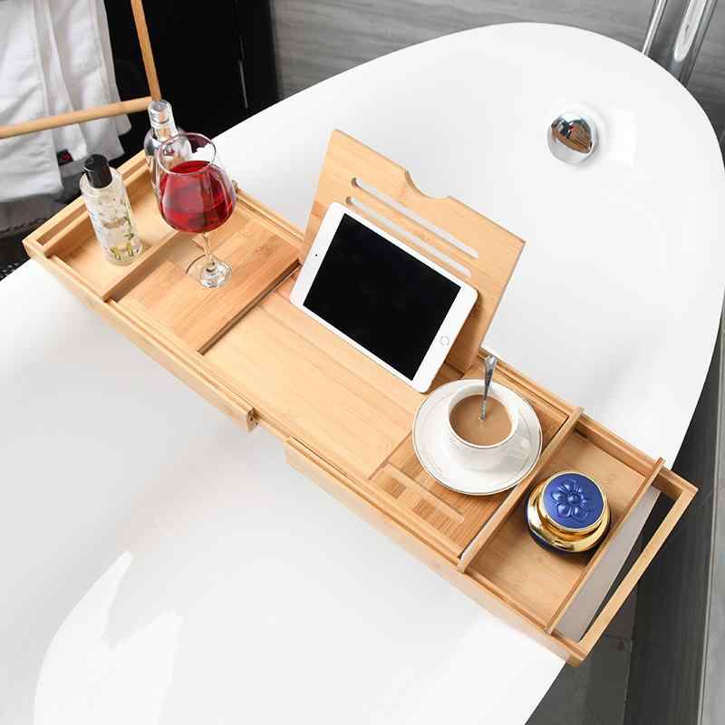 風呂 ラック 伸縮式 滑り止め 欧風 バスタブトレー スマートフォン スタンド バスタブ 浴槽 整理 棚 板 ブラウン ライト ラグジュアリー バスタブラック