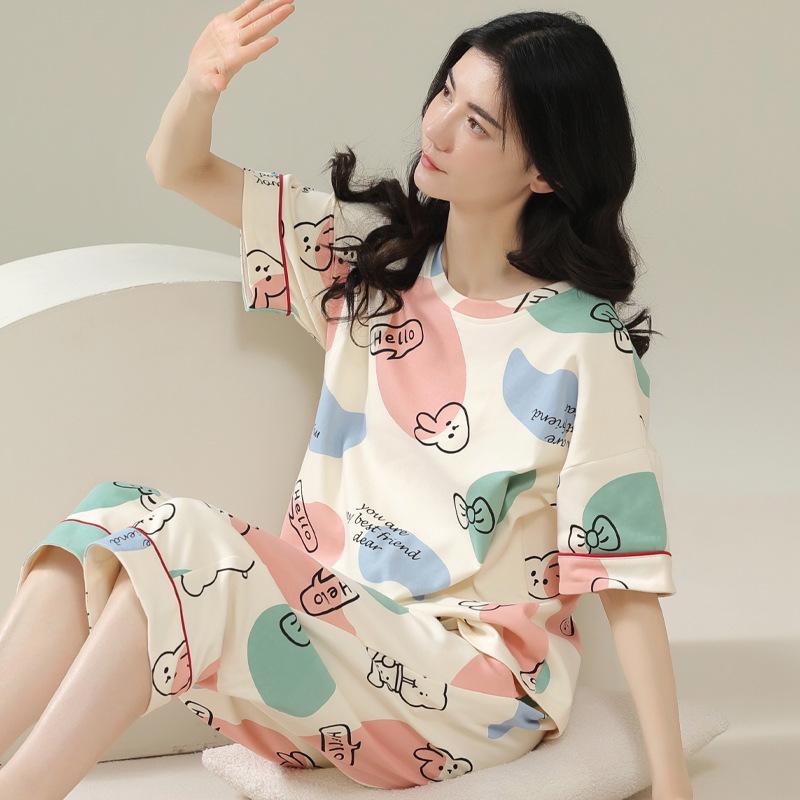 パジャマ レディース 夏 綿 半袖 7分丈パンツ 大きいサイズ 全綿 韓国 部屋着 ルームウェア ゆったり 外出