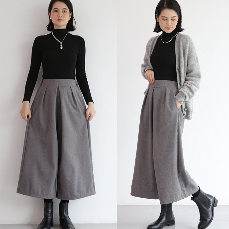 パンツ レディース 秋冬 ワイドレッグパンツ ゆったり 9分丈 スラックス 毛混 ウール混 ゴムウエスト ガウチョパンツ 厚手 あったか 美脚 体型カバー 上品 きれいめ オフィス 通勤
