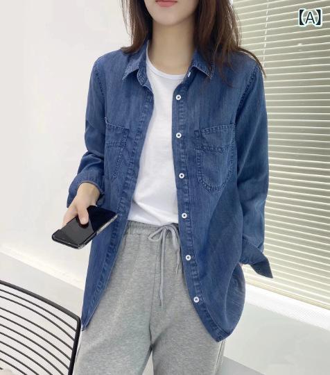 シャツ レディース 韓国 デニム 薄手 接触冷感 伸縮性 リラックス ゆったり ブラウス トップス 普段使い