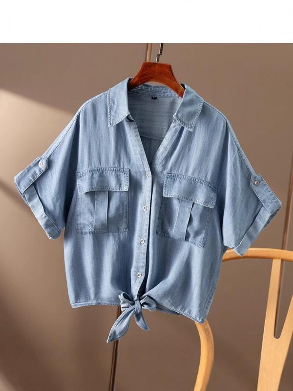 シャツ レディース 天丝 デニム 翻领 アウター ブラウス 上着 ショート丈 薄手 春夏 おしゃれ かわいい