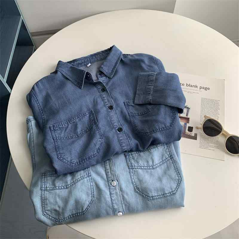 シャツ レディース デニムシャツ 長袖 ウォッシュ加工 ゆったり トップス カジュアル ブルー アウター 秋冬