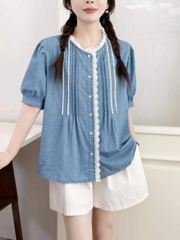 2シャツ レディース デニム ウォッシュ加工 刺繡 褶 곡 立襟 半袖 ブラウス 넉넉 ゆったり かわいい[ "・素材: 綿", "・スタイル: カーディガン", "・袖丈: 半袖&quot...