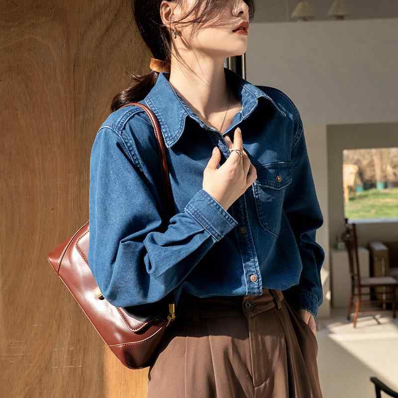 シャツ レディース デニム 春秋 長袖 ゆったり レトロ 重ね着 かわいい カジュアル