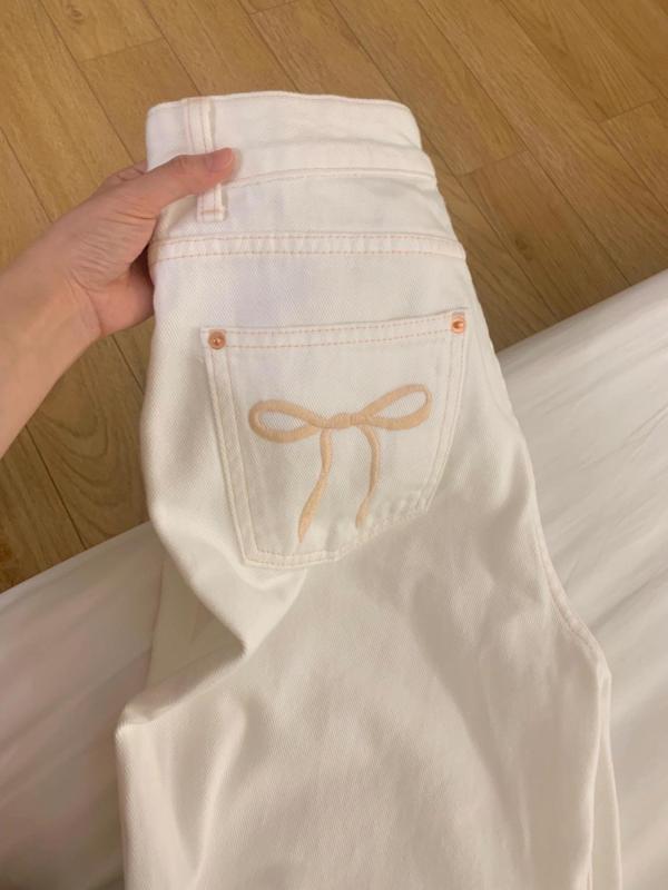 ジーンズ レディース ハイウエスト ワイドレッグ バタフライ 刺繍 ホワイト デニム ジーパン 美脚 効果 ゆったり 体型カバー 春夏