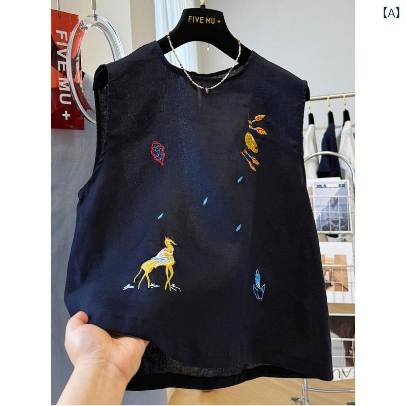 トップス レディース かわいい 韓国 刺繡 ノースリーブ 亜麻 リネン ベスト サマーニット 小衫 重ね着 レイヤード 普段使い おしゃれ着・素材: 麻・袖丈: ノースリーブ・着丈: 普通(50cm超65cm以下)・ネックライン: ラウンド...