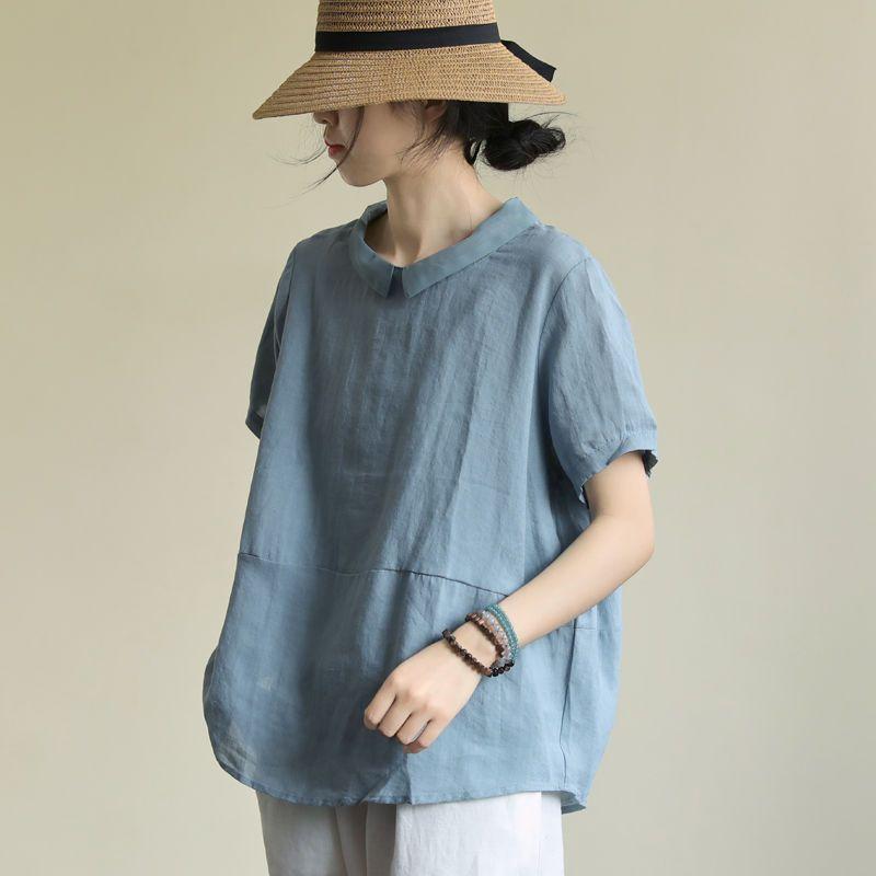 2シャツ レディース 半袖 薄手 綿麻 切り替え 襟付き ブラウス ゆったり トップス リネンブレンド 涼しい 普段使い カジュアル サマー