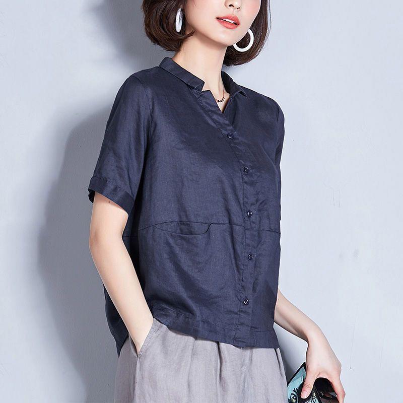 シャツ レディース 半袖 韓国 短め ゆったり 亜麻 リネン ブラウス トップス デザイン性 麻 シャツ 春夏