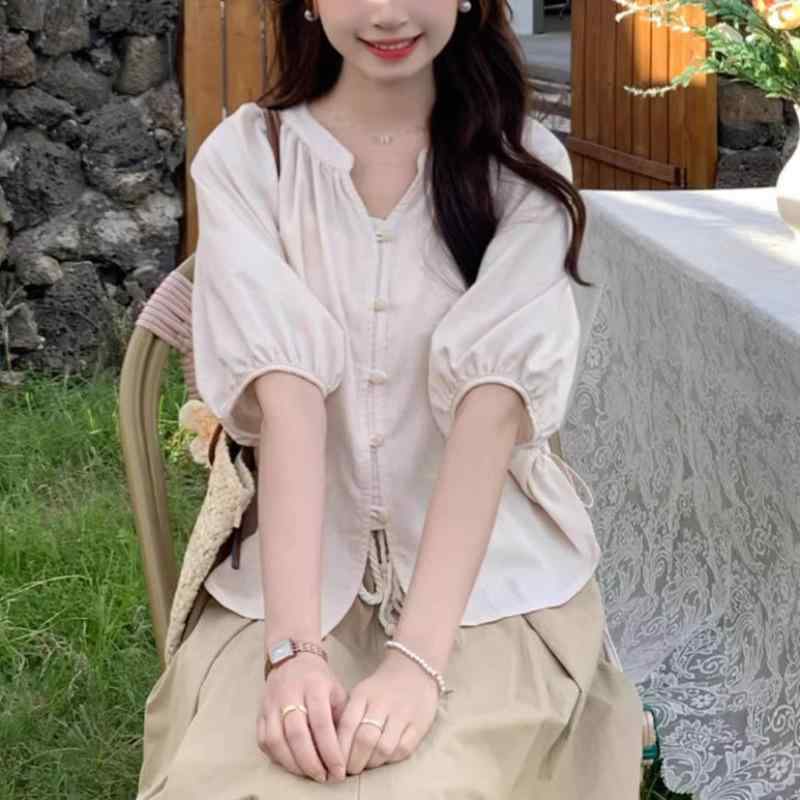 シャツ レディース ゆったり ギャザー ランタンスリーブ トップス ブラウス 春夏 半袖 ふんわり袖 かわいい