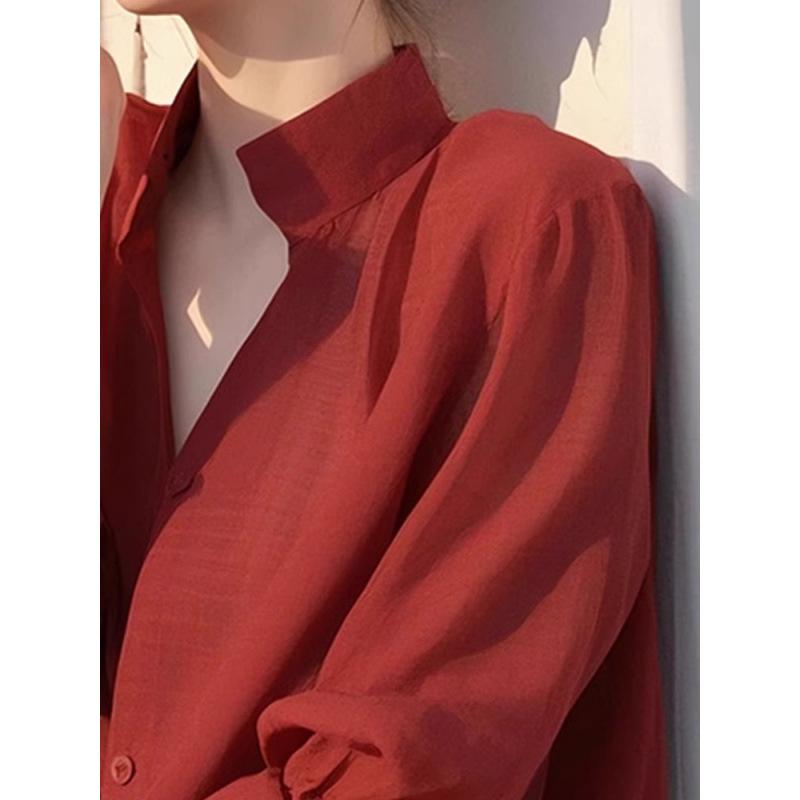 シャツ レディース 女性用 フレンチスタイル リネン 亜麻 デザイン 長袖 トップス ブラウス レッド 赤 春秋 独致 きれいめ 上品 かわいい