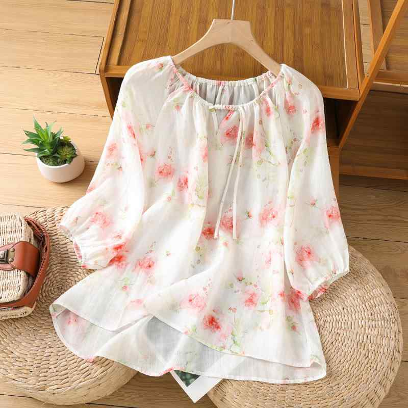 シャツ レディース 新中式 チャイナ風 リネン トップス 薄手 レトロ 文芸風 プリント・主な素材: 麻・柄: -・スタイル: 钉珠+拼接・袖丈: 七分袖・工艺: 印花・版型: 宽松型・着丈: 普通款(50cm<着丈≤65cm)・ネッ...