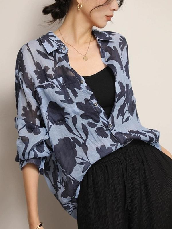 シャツ レディース 春物 長袖 デザイン プリント 豪華感 苧麻 トップス ブラウス 小柄 個性的・素材: 亜麻.ポリエステル・柄: 植物花卉・スタイル: カーディガン・袖丈: 長袖・製法: プリント・フィット: ストレート・着丈: 普通(...