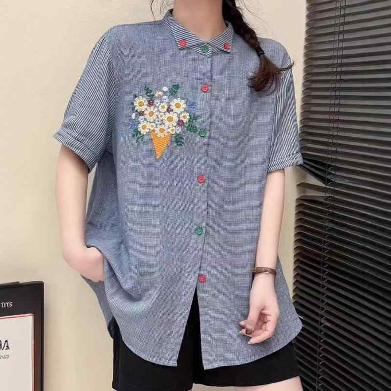 2シャツ レディース 麻 リネン 刺繍 半袖 襟付き トップス ブラウス ゆったり 涼しい 快適 通気性 ナチュラル かわいい 森ガール 春夏