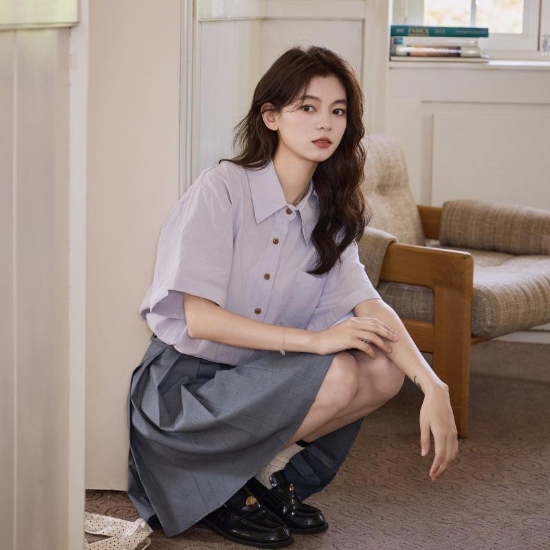 2シャツ レディース 半袖 天竺麻風 韓国 カレッジスタイル 背面 刺繍 シンプル ベーシック 着回し