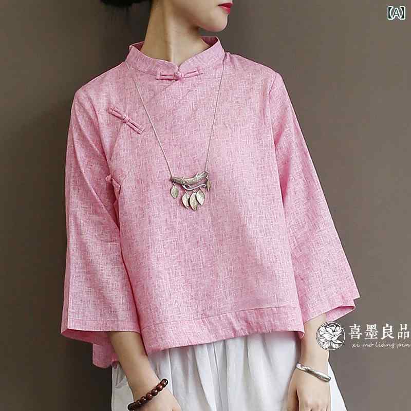 シャツ レディース 春夏 トップス 民族風 レトロ ゆったり 斜め襟 チャイナボタン 上着 ブラウス