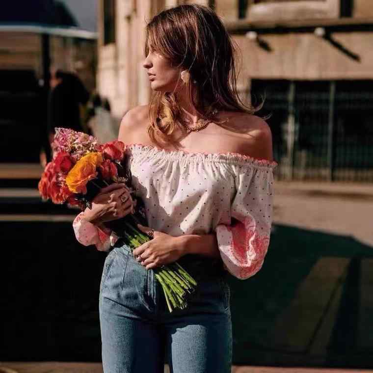 シャツ レディース フレンチガーリー ドット柄 刺繍 一文字襟 デザイン ブラウス トップス 春夏