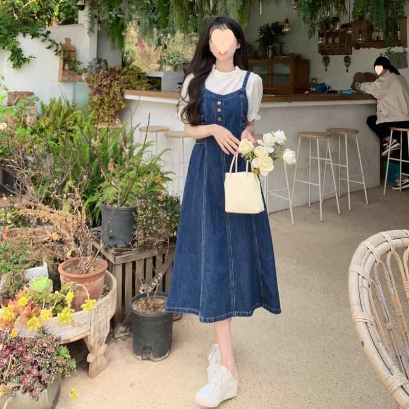 ワンピース レディース 韓国 ブルー デザイン デニム ジャンパースカート 花柄 レース 襟付き ブラウス スリム 着痩せ 春夏