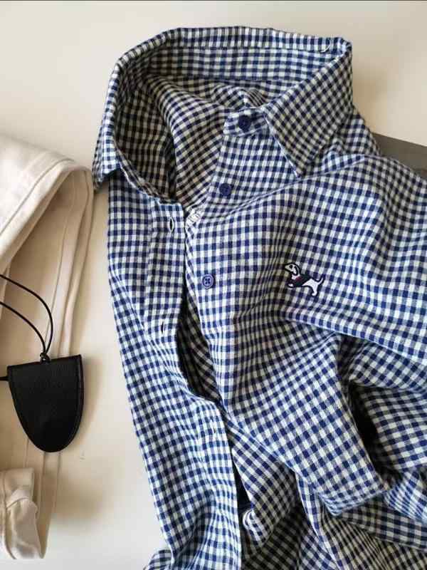 シャツ レディース ゆったり 格子柄 切り替え イヌ 刺繍 長袖 春夏 トップス ブラウス アウター 日焼け防止