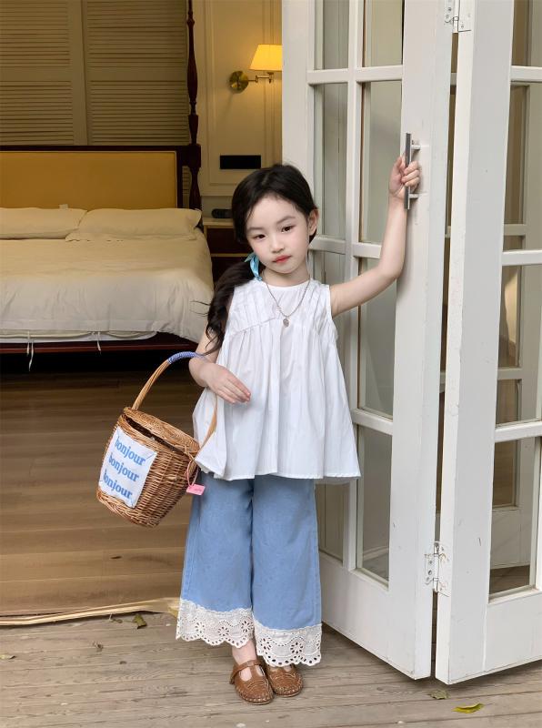 2シャツ キッズ 女の子 ノースリーブ ゆったり ギャザー ブラウス デニム レース 春夏 かわいい
