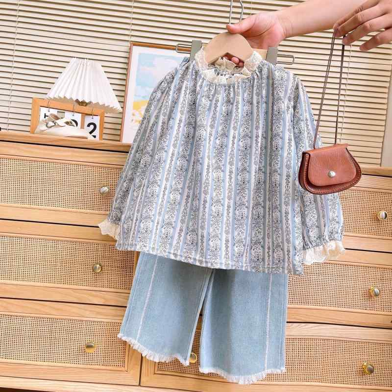 シャツ キッズ 女の子 ブルー 花柄 長袖 チュニック トップス デニム パンツ 2点セット かわいい おしゃれ