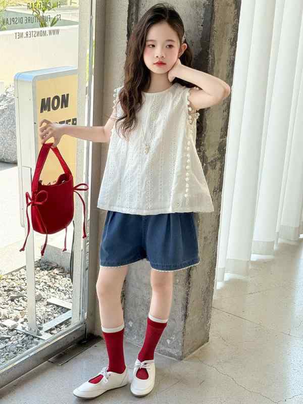 子供服 セットアップ 春夏 ノースリーブ シャツ デニム ショートパンツ 女の子 かわいい おしゃれ 通園 通学 普段着