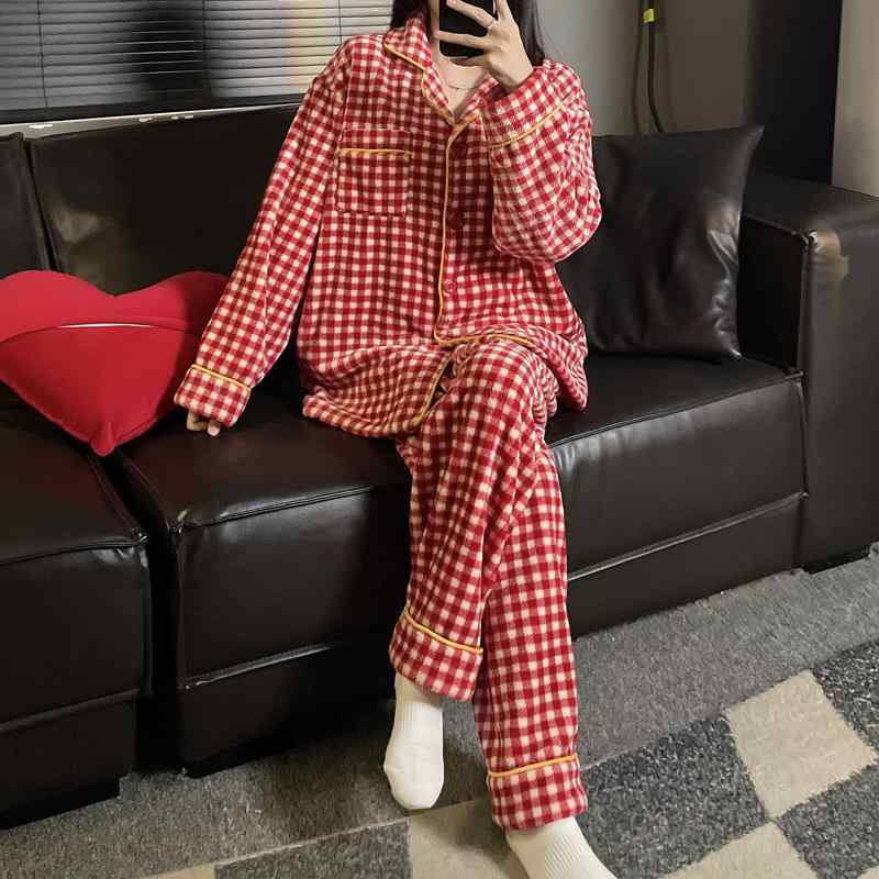 2パジャマ レディース 秋冬 長袖 フランネル 格子柄 襟付き 前開き シャツ ホームウェア セットアップ 部屋着 あったか ふわふわ