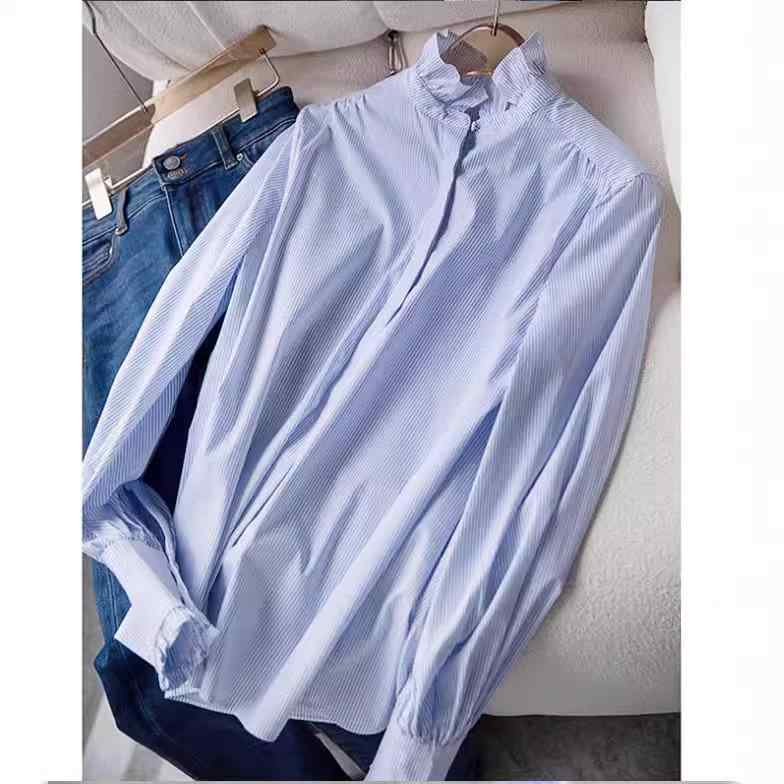 シャツ レディース ブルー ストライプ トップス チュニック 宮廷風 デザイン 木耳 フリル エレガント 上品 ブラウス