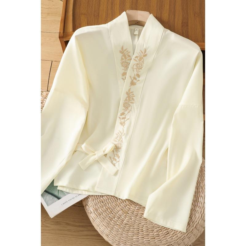 シャツ レディース Vネック 重 Em刺繡 ブラウス 新 中華風 チャイナスタイル トップス
