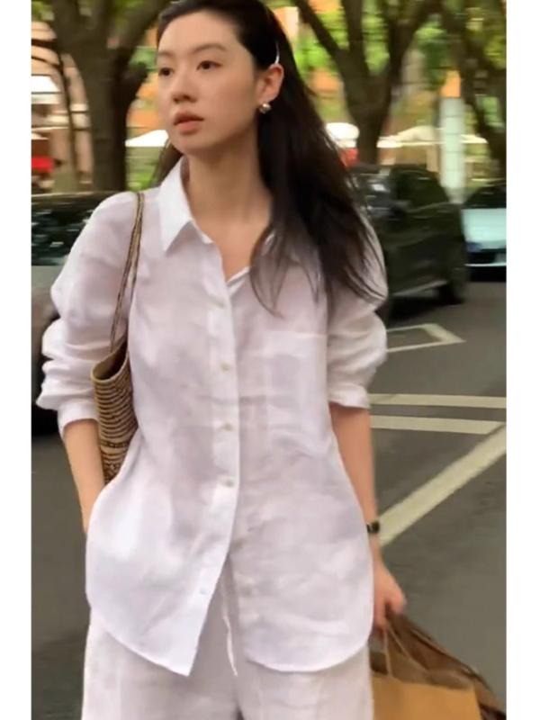 シャツ レディース 長袖 薄手 接触冷感 紫外線対策 麻 リネン混紡 ブラウス トップス アウター 羽織り 冷房対策 オフィス カジュアル