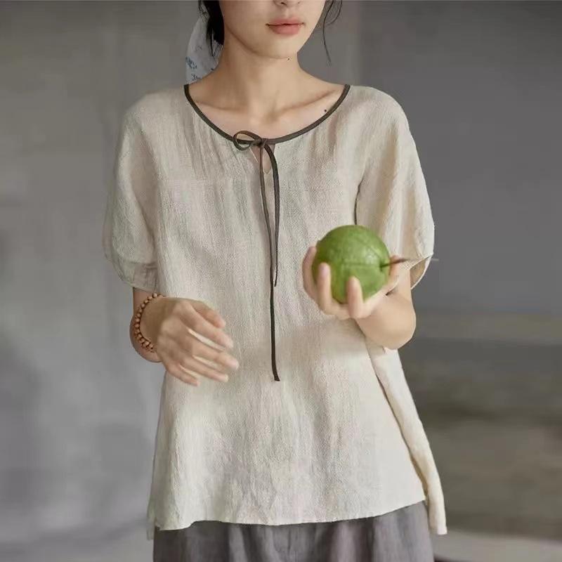 Tシャツ レディース 綿麻 春夏 ゆったり 無地 切り替え レトロ トップス ブラウス 快適 カジュアル 普段使い